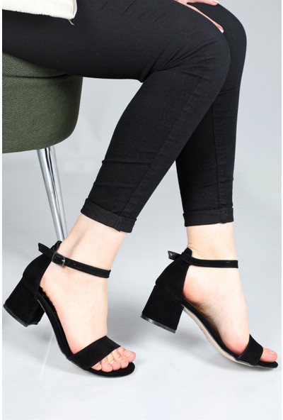 Tek Bant Günlük 5 cm Topuklu Siyah Süet Kadın Ayakkabı Fox 05