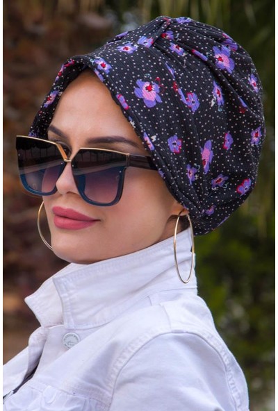 Aişe Tesettür Siyah Puanlı Menekşe Fularsız Şapka Bone