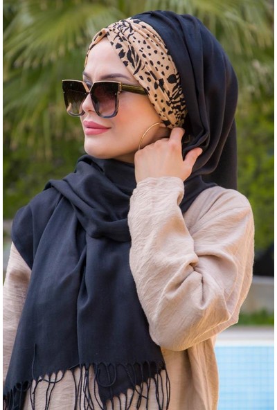 Aişe Tesettür Siyah Vizon Leopar Büzgülü Hazır Şal - 50601