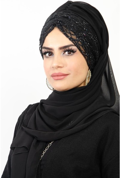 Aişe Tesettür Siyah Baklava Simli Büzgülü Hazır Abiye Şal - 60400 Aişe Tesettür Siyah Baklava Simli Büzgülü Hazır Abiye Şal - 60400