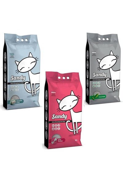 Sandy Karışık Bebek Pudralı - Marsilya Sabunlu - Kokusuz Tozsuz Topaklanan Sodyum Bentonit Gri Kedi Kumu 10 kg (3 Adet) Sandy Karışık Bebek Pudralı - Marsilya Sabunlu - Kokusuz Tozsuz Topaklanan Sodyum Bentonit Gri Kedi Kumu 10 kg (3 Adet)