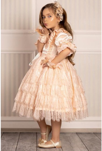 Riccotarz Kız Çocuk Güpür Işlemeli ve Beli Kuşaklı Saten Somon Abiye