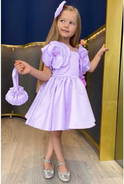Riccotarz Kız Çocuk Göğsü Çiçekli ve Çantalı Askılı Lila Abiye