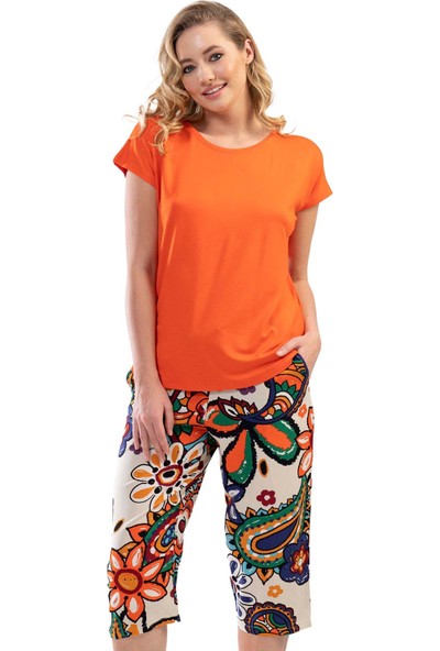 TopTrend Kadın Dokuma Yarasa Kol Normal Beden Oranj Kapri