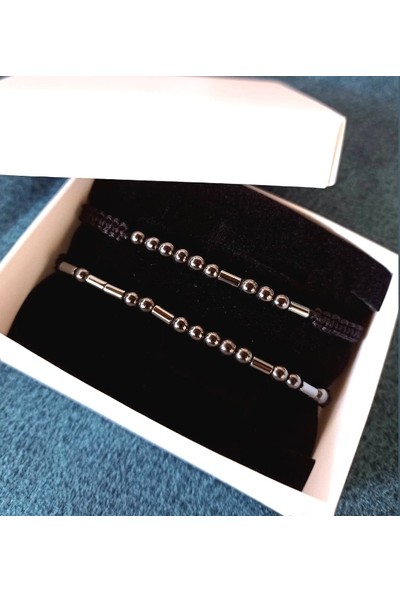 Minik Bi Hediye Çift Doğal Hematit Taşı Örgülü Sevgili Kombini