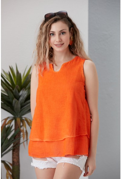 Miss Kaftan Collection Kadın Turuncu Askılı Pamuk Keten Bluz Miss Kaftan Collection Kadın Turuncu Askılı Pamuk Keten Bluz