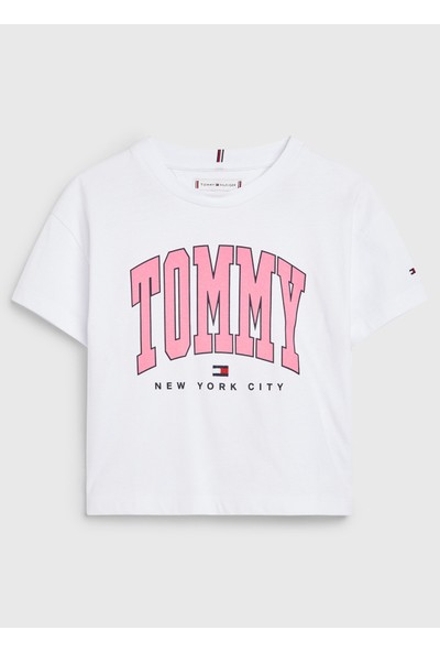 Tommy Hilfiger Kg0Kg06504Ybr Bisiklet Yaka Baskılı Beyaz Kız Çocuk T-Shirt