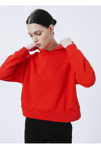 Fabrika Gola-Y Kapüşonlu Basic Düz Kırmızı Kadın Sweatshirt