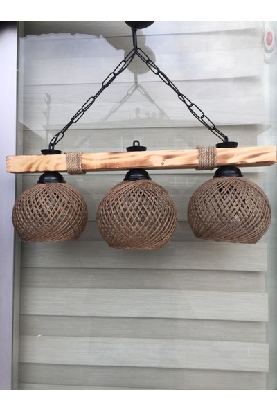 Sarıkaya Tekstil Ahşap Üçlü Ipli Avize