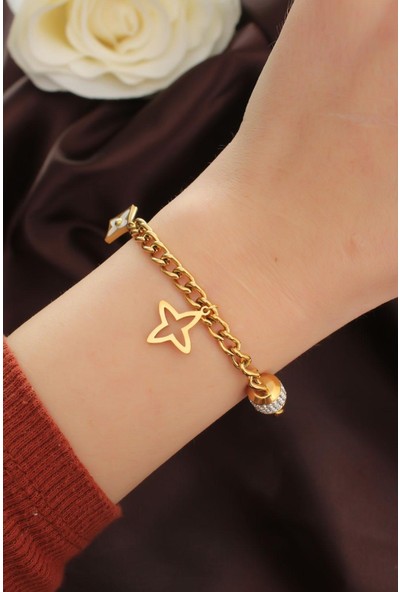 Erbilden Erb Çelik Gold Renk Taşlı Mineli Yonca Bileklik