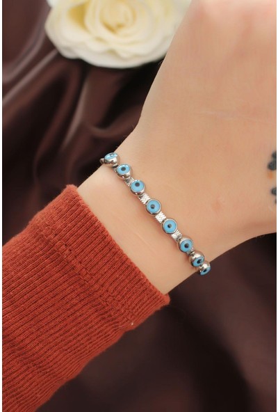 Erbilden Erb Çelik Gümüş Renk Sıralı Nazar Boncuk Bileklik Erbilden Erb Çelik Gümüş Renk Sıralı Nazar Boncuk Bileklik