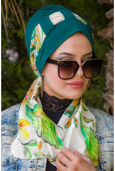 Aişe Tesettür Zümrüt Yaprak Desenli Fularlı Bone - 40600 Aişe Tesettür Zümrüt Yaprak Desenli Fularlı Bone - 40600