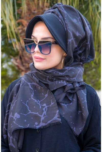 Aişe Tesettür Siyah Füme Baskılı Şapkalı Şal