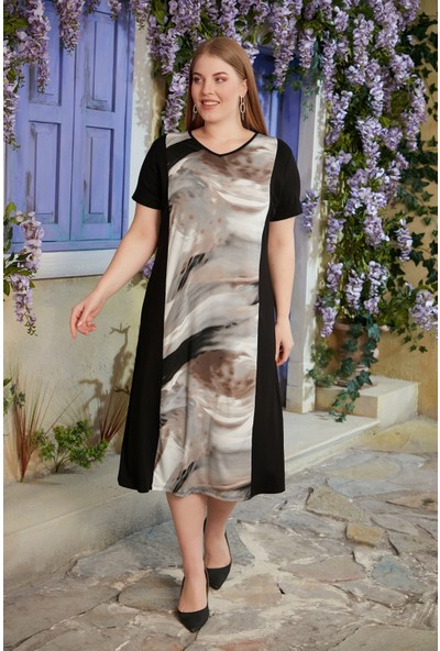 Rmg Önü Desenli Büyük Beden Basic Gri Elbise