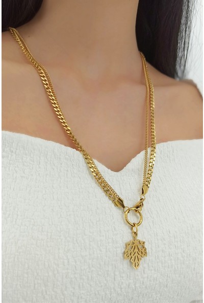 ÇLK Accessories Çelik Iki Sıra Klasik Zincir Çınar Yaprak Kolye ÇLK Accessories Çelik Iki Sıra Klasik Zincir Çınar Yaprak Kolye