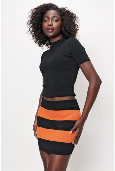 Chuba Kadın Çizgili Etek-Crop Takım Siyah-Turuncu 22SW353