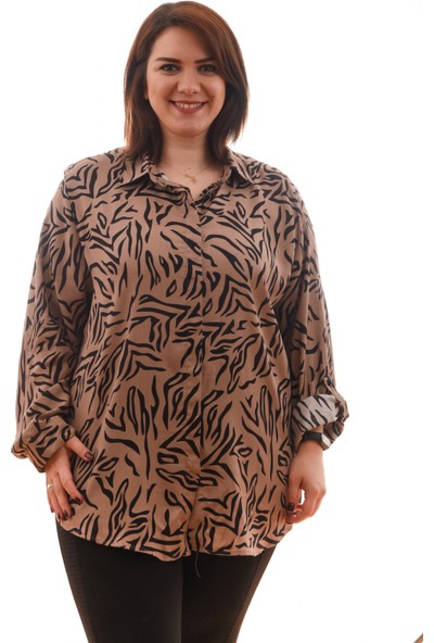 Işıltı fashion Vizon Çizgili Büyük Beden Gömlek