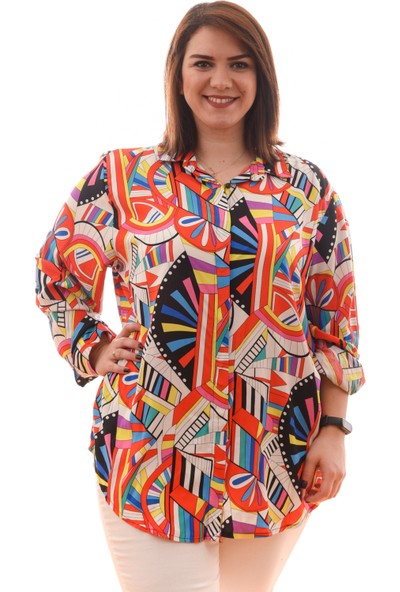 Işıltı fashion Geometrik Desenli Modern Büyük Beden Gömlek