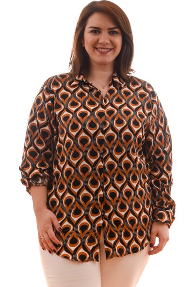 Taba Renkli Damla Desenli Büyük Beden Gömlek
