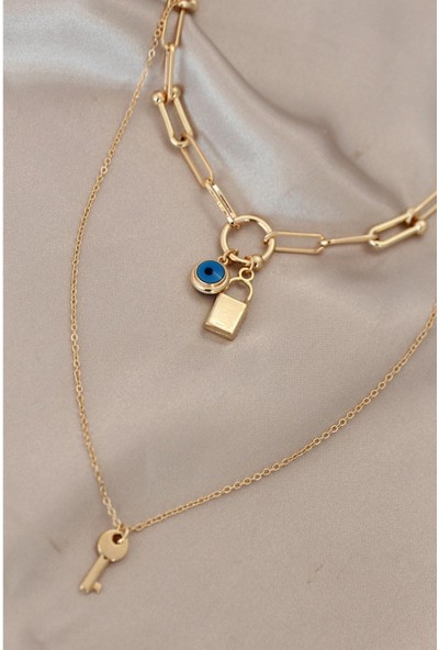 Clariss Gold Renk Metal Çift Zincir Anahtar Kilit Kolye