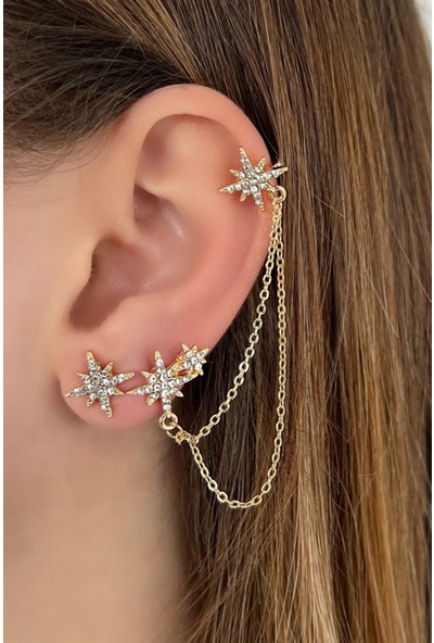 Takıştır Altın Renk Kuzey Yıldızı Figürlü Taşlı Paslanmaz Çelik Kulak Aksesuarı