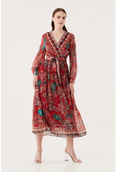 Şal Desenli Pileli Şifon Elbise