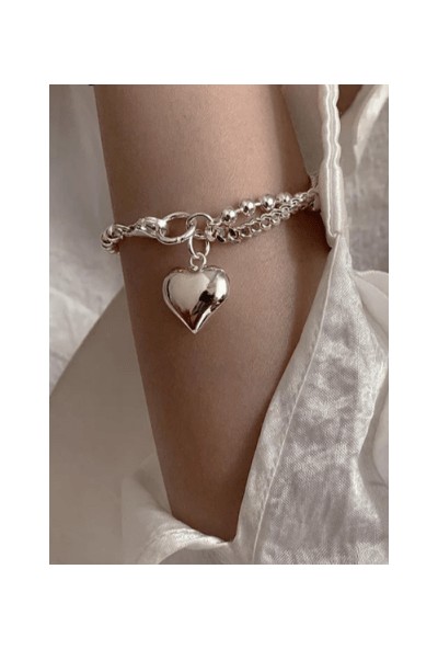 Rhinestone Bayan Bileklik Gümüş Kalp Desen Rhinestone Bayan Bileklik Gümüş Kalp Desen