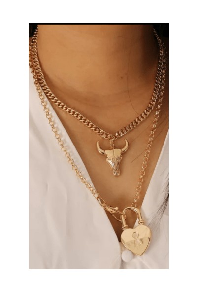Rhinestone Bayan Kolye Altın Renk Kalp & Boynuz Desen Rhinestone Bayan Kolye Altın Renk Kalp & Boynuz Desen