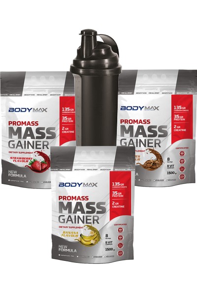 Bodymax Promass Mass Gainer Karbonhidrat 1500 Gr *3 Adet = 4500 Gr Çilek, Muz, Kurabiye + Shaker Bodymax Promass Mass Gainer Karbonhidrat 1500 Gr *3 Adet = 4500 Gr Çilek, Muz, Kurabiye + Shaker
