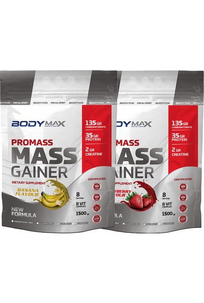 Bodymax Mass Gainer Hacim Ve Kilo Almaya Yardımcı Karbonhidrat 1500 Gr X 2 Adet Muz, Çilek
