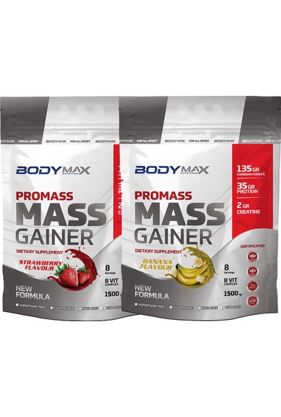 Bodymax Mass Gainer Hacim Ve Kilo Almaya Yardımcı Karbonhidrat 1500 Gr X 2 Adet Çilek, Muz