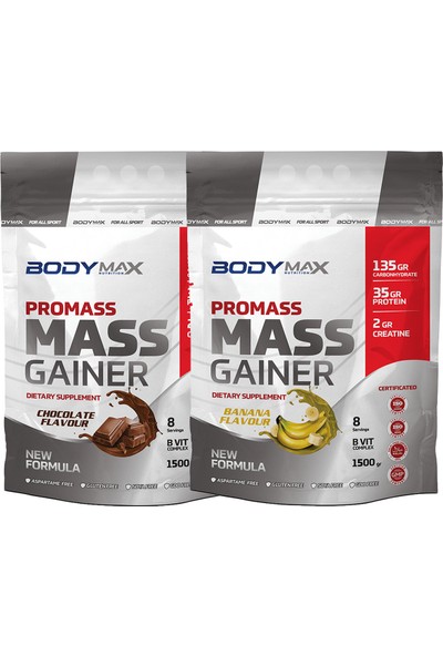 Bodymax Mass Gainer Hacim Ve Kilo Almaya Yardımcı Karbonhidrat Tozu 1500 Gr X 2 Adet Çikolata, Muz Bodymax Mass Gainer Hacim Ve Kilo Almaya Yardımcı Karbonhidrat Tozu 1500 Gr X 2 Adet Çikolata, Muz
