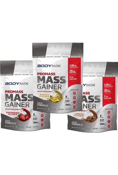 Bodymax Promass Mass Gainer Karbonhidrat Tozu 1500 Gr X 3 Adet Çilek, Muz, Kurabiye Bodymax Promass Mass Gainer Karbonhidrat Tozu 1500 Gr X 3 Adet Çilek, Muz, Kurabiye