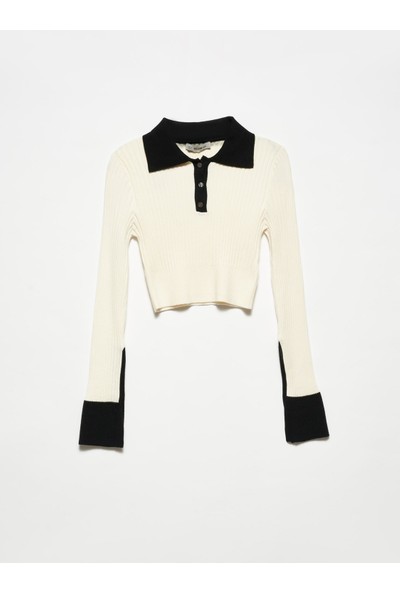 Dilvin 10169 Polo Yaka Kolu Yırtmaçlı Kazak-Natural
