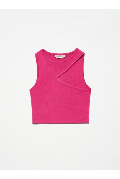 Dilvin 10173 Dekolte Yaka Triko Crop-Fuşya