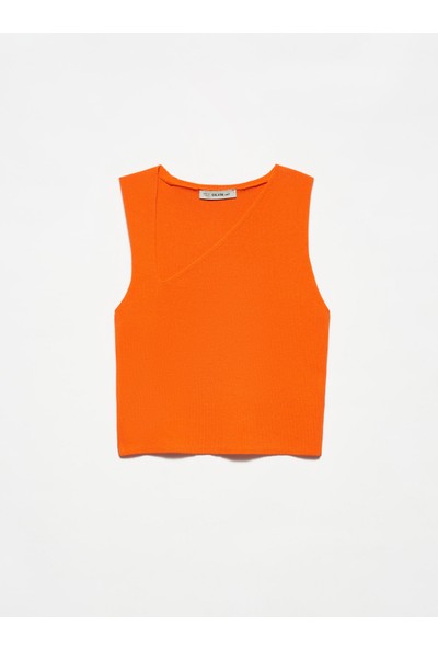 Dilvin 10175 Yan V Yaka Triko Crop-Turuncu
