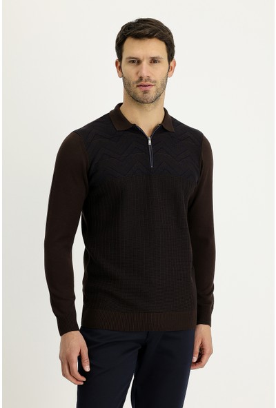 Kiğılı Polo Yaka Regular Fit Desenli Fermuarlı Triko Kazak
