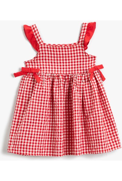 Koton 2YMG89430ZW Kare Yaka Bol Kesim Kareli Koyu Kırmızı Kız Çocuk Elbise