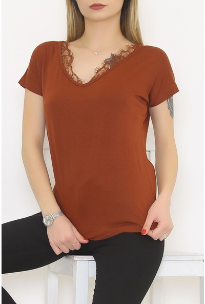 V Yaka Dantelli Bluz Tarçın - 1184.1095.