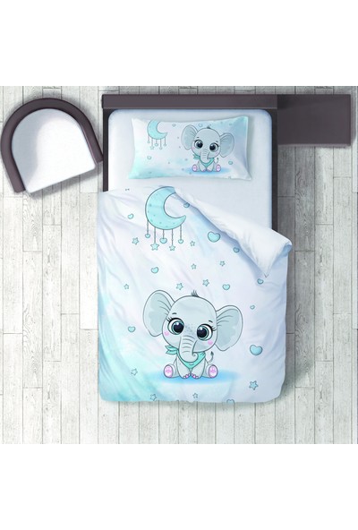 Silk Cocoon Çocuk Odası Nevresim Takımı Oturan Fil Ve Ay Model Pamuklu Mikro Saten