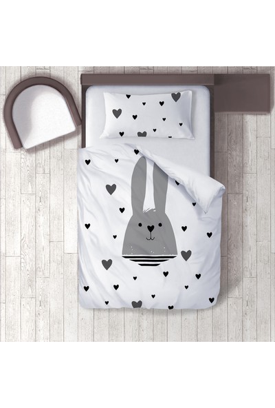 Silk Cocoon Çocuk Odası Nevresim Takımı Kalpli Tavşan Model Pamuklu Mikro Saten