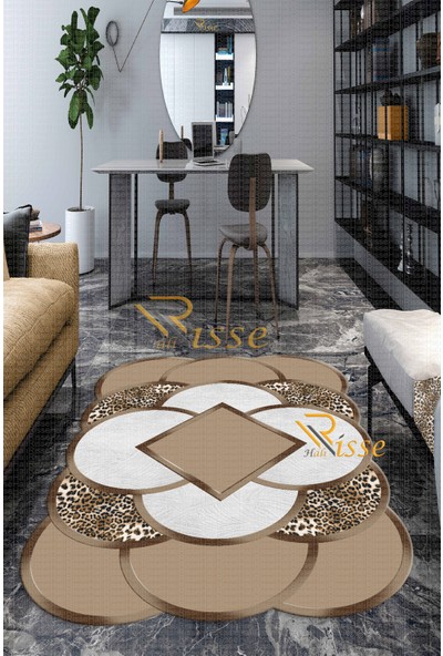 Risse Dijital Baskılı Yıkanabilir Kaymaz Taban Mat Çöl Kahvesi Halka Desenli Leopar Efektli Salon Halısı
