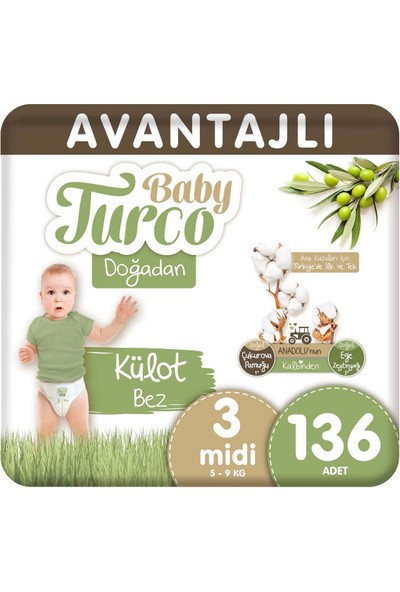 BabyTurco Baby Turco Doğadan Avantajlı Külot Bez 3 Numara Midi 136 Adet BabyTurco Baby Turco Doğadan Avantajlı Külot Bez 3 Numara Midi 136 Adet