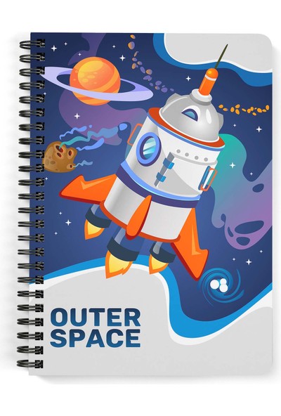 Uzay Gemisi Baskılı Ahşap Kapaklı Defter 15X20 cm DFT569