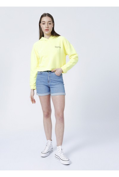 Aeropostale Kapüşonlu Crop Neon Sarı Kadın Sweatshirt - K-Gaia-Y