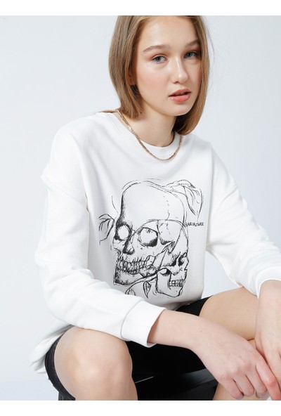 Black On Black K-Gama Bisiklet Yaka Regular Fit Baskılı Beyaz Kadın Sweatshirt