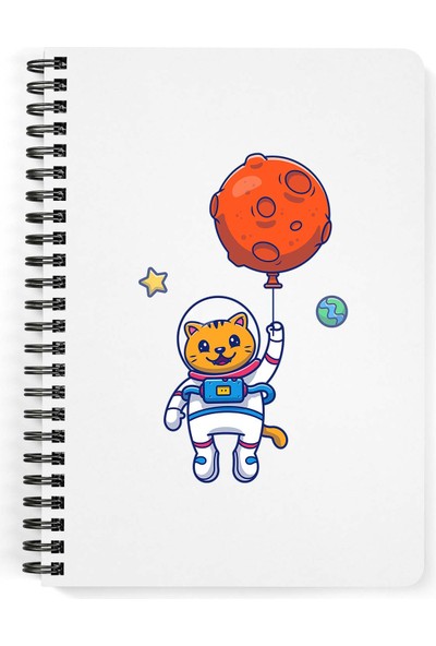 Uzay Kedisi Baskılı Ahşap Kapaklı Defter 15X20 cm DFT1880