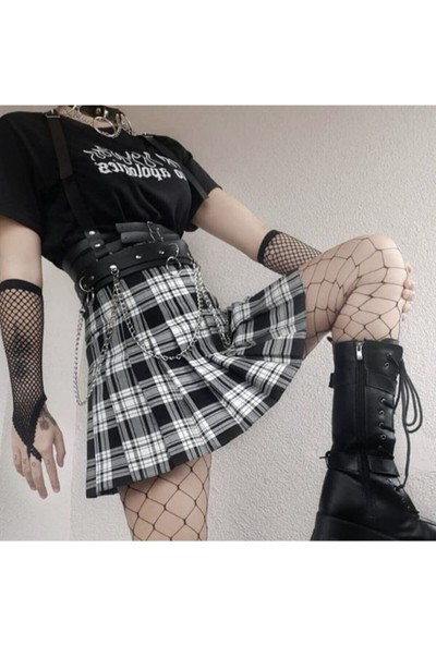 ARC Shoping Kadın Siyah Üzeri Beyaz Çizgili Ekose Pileli Etek