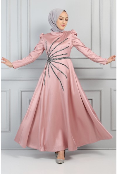 Moda Mihram Taşlı Saten Abiye Gül Kurusu Moda Mihram Taşlı Saten Abiye Gül Kurusu