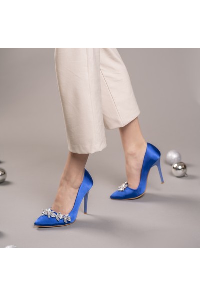 Kadın Topuklu Ayakkabı - Mavı Saten